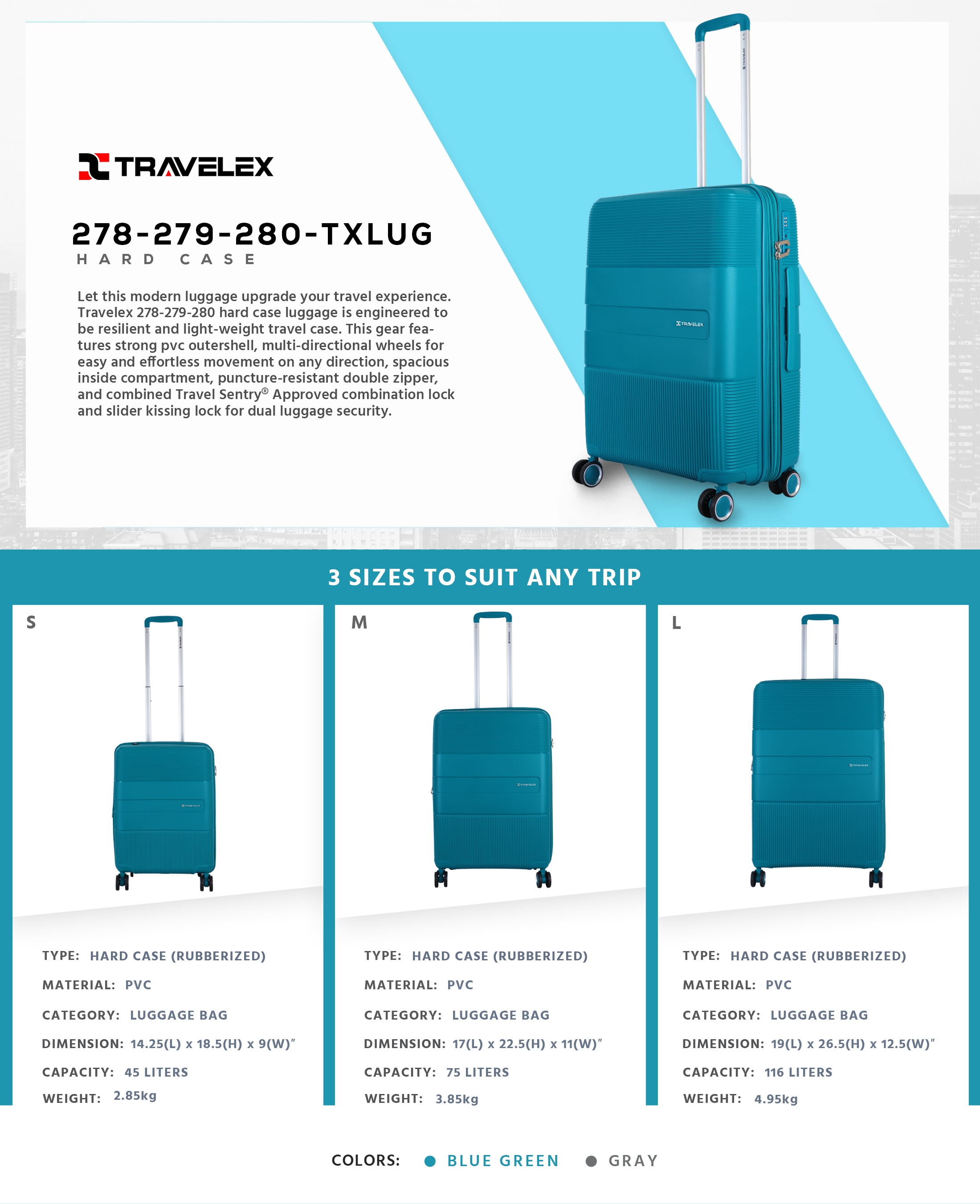TRAVELEX 278-279-280 Hard Case Luggage (Small to Large) | Shopee ...