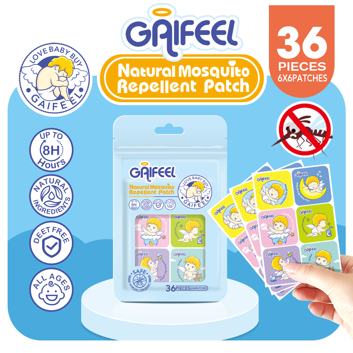 GAIFEEL Baby 36 PCS Mosquito Patch Natural Mosquito Repellent Patch Up to 8 Hours 6X6PATCHES ...