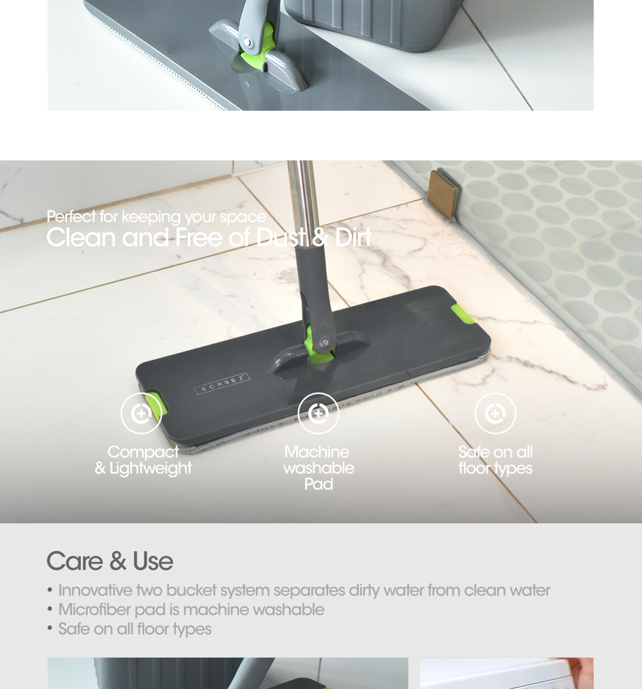 SCRUBZ Flat Mop w/ Bucket 21x18x36cm Microfiber 360ᴼ Floor Mop Home ...