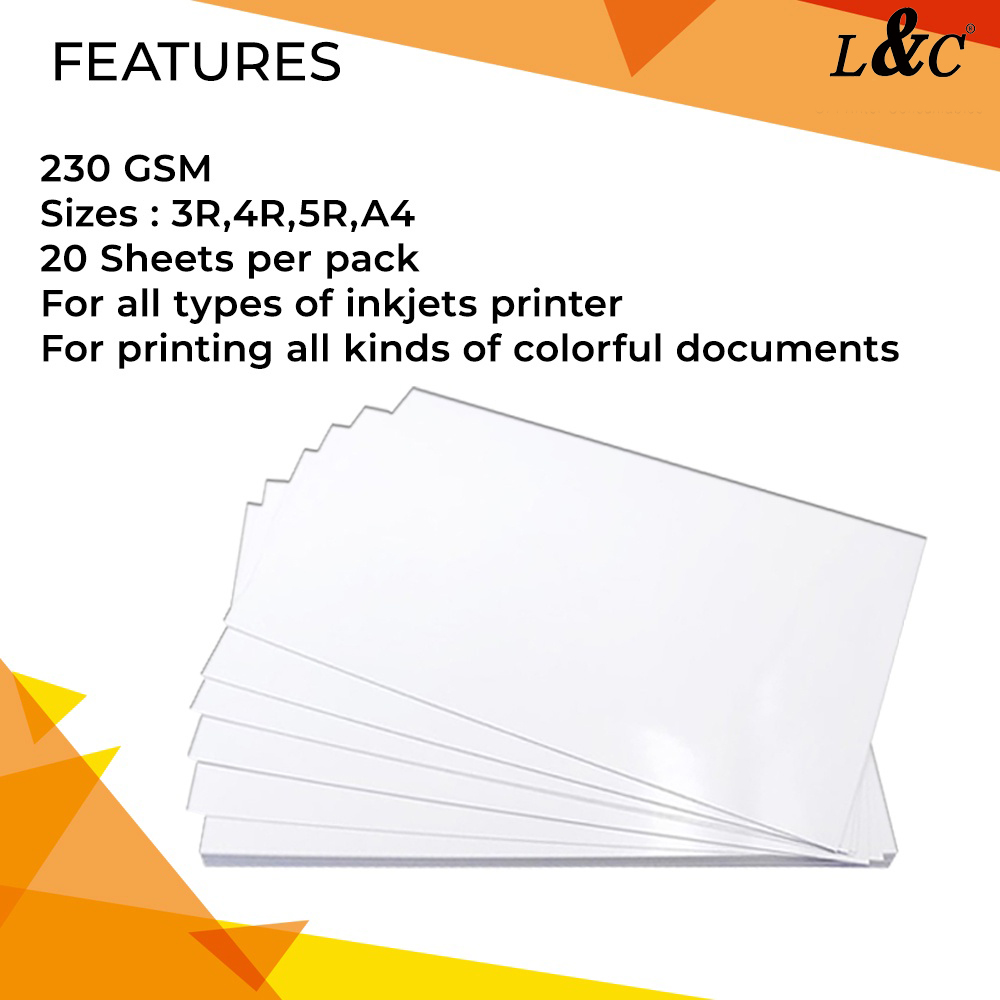 L&C Photo Paper 230gsm 50 Sheets per pack A4 3R 4R 5R Size 180gsm High ...