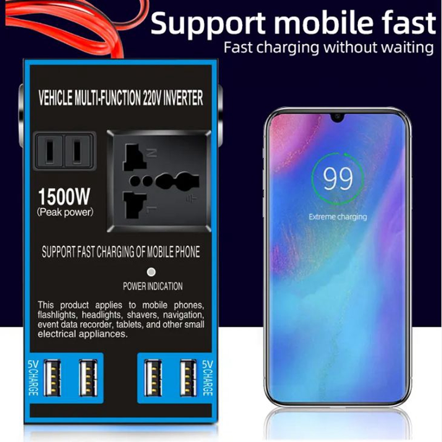 1500W Multi-function Vehicle Power Inverter 4 USB Port 2 AC Socket DC 12V to AC 220V With Switch ...