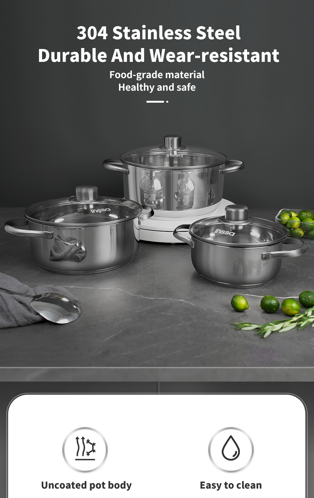 INSSA Cookware Set 304 Stainless Steel Soup Pot 16/20/24cm | Shopee ...