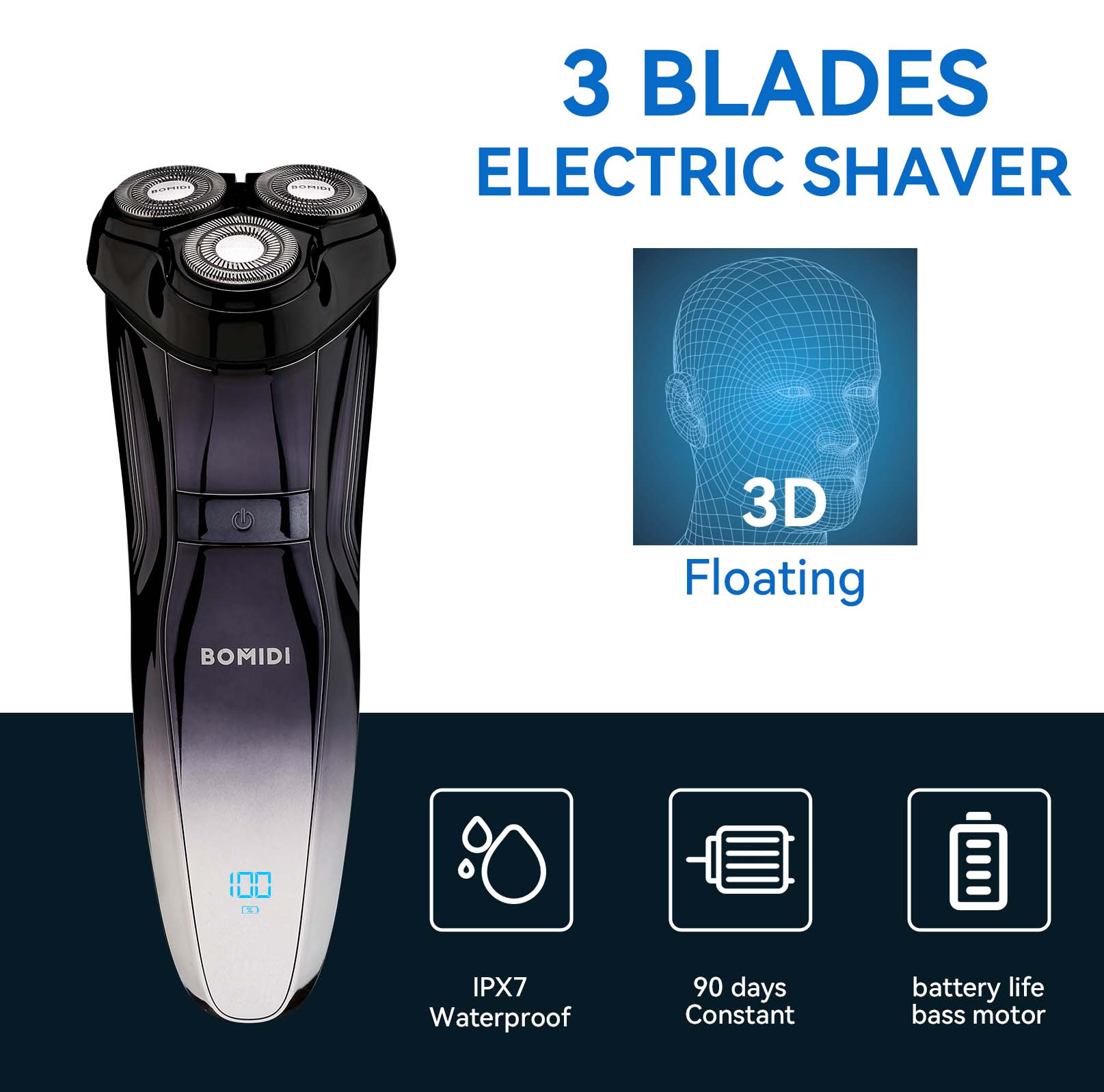BOMIDI Electric Shaver 3D Roating Razors Beard Trimmer USB Type C ...
