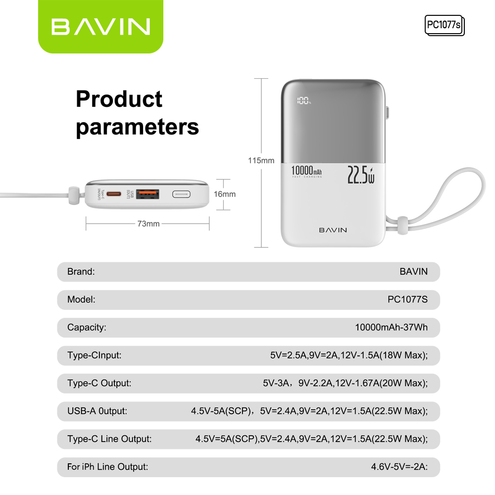 BAVIN PC1077 Mini Slim Fast Charging Powerbank 10000mAh 22.5W w/ Built-In LED Display & Cable ...
