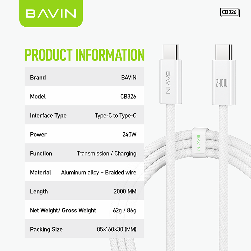 BAVIN CB326 PD3.1 240W 5A/48V USB C to USB C Cord 2 Meter Fast Charging ...