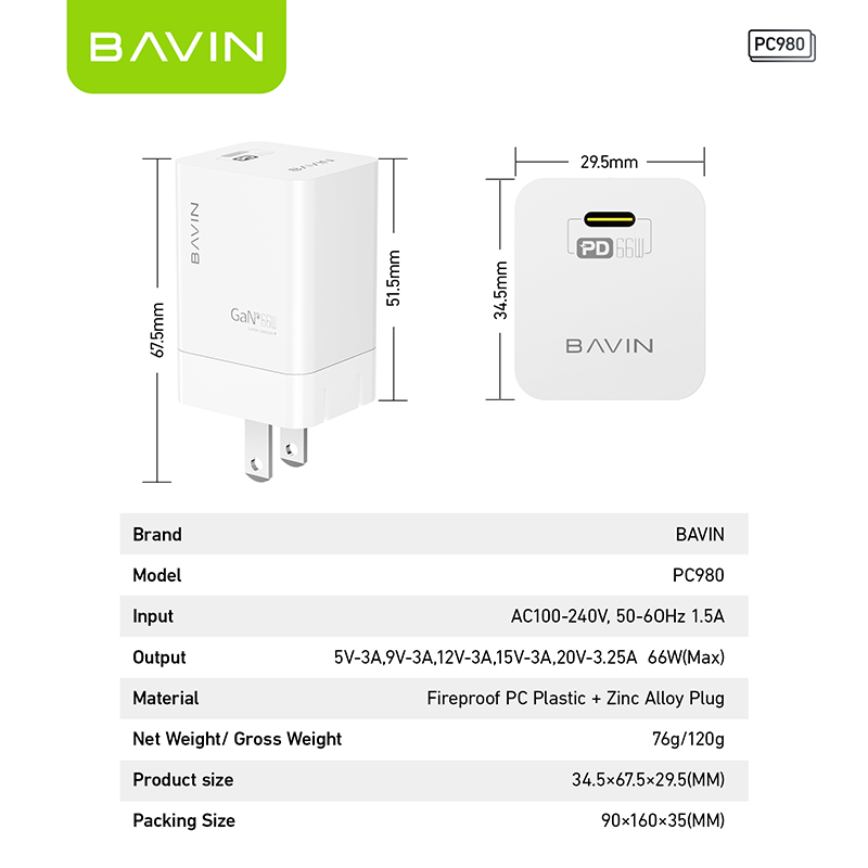 BAVIN PC980 66W Mini GaN Charger PD Super Fast Charger with Type-C Cord ...