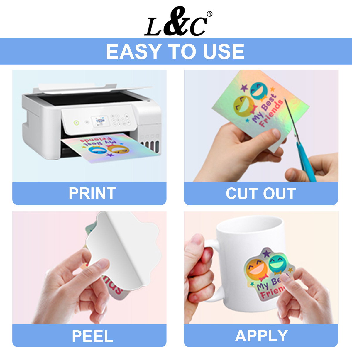 L&C Holographic Inkjet Vinyl Sticker Waterproof A4 20Sheets With ...