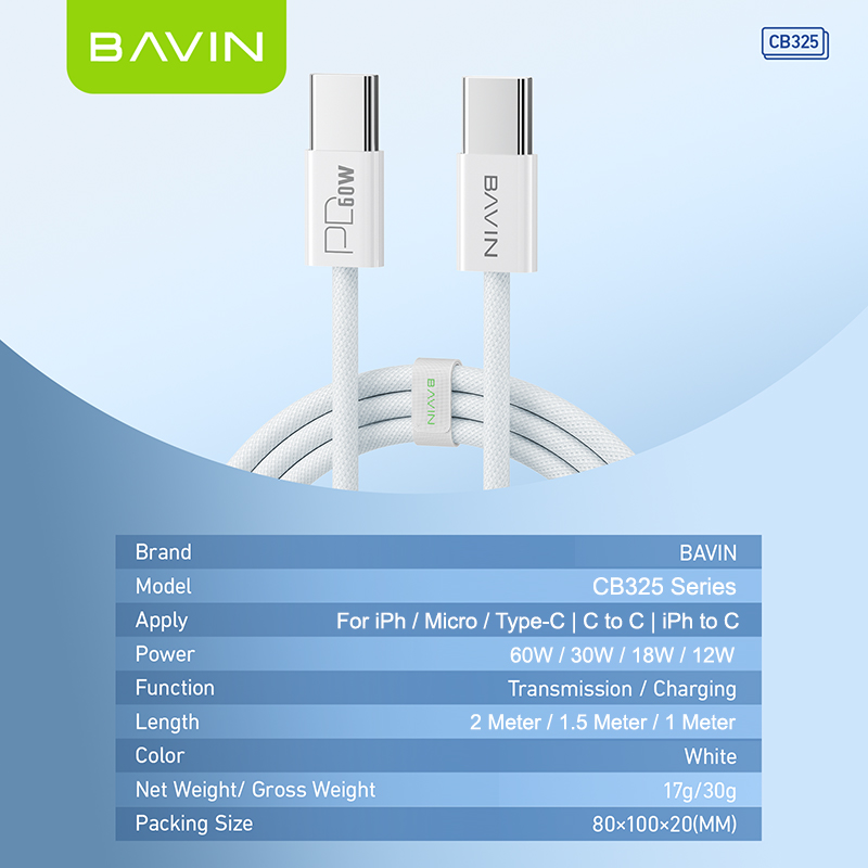 BAVIN CB325 60W USB C Cable Type C Data Cord PD Fast Charging For iPh 16 Series & Laptop ...