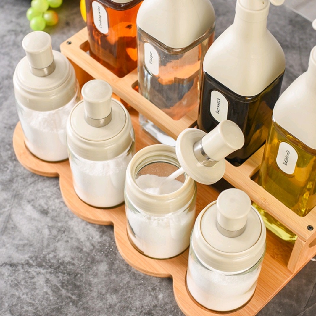 Cream Kitchen Glass Oil Bottle Seasoning Bottle Set with Wooden Rack ...