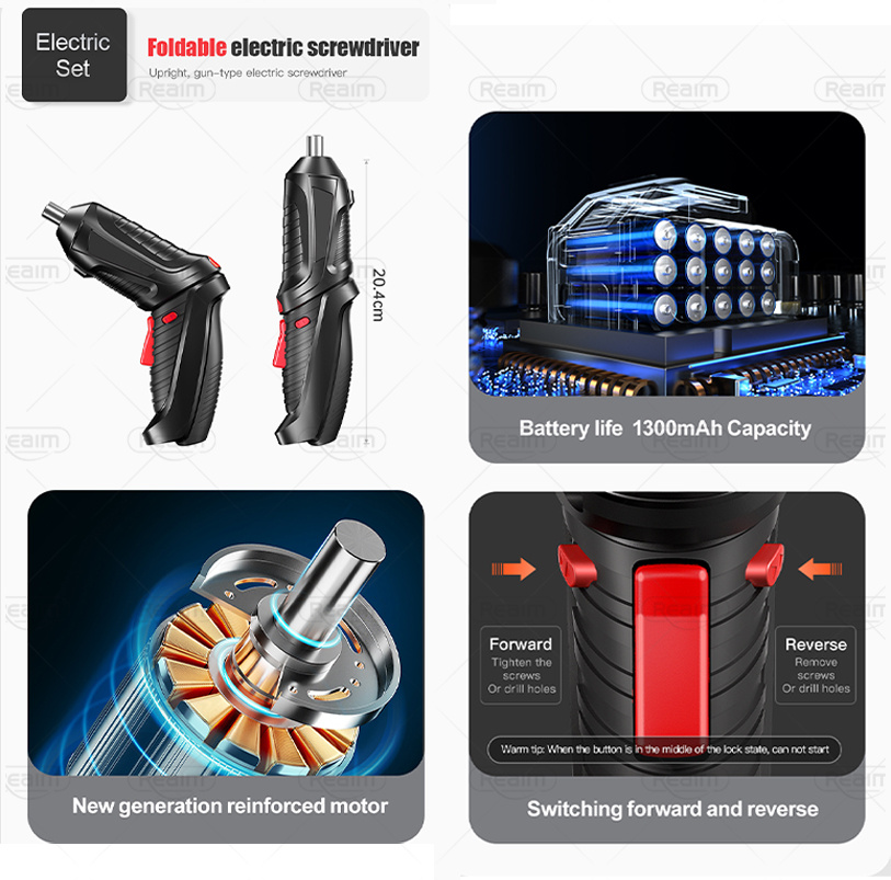 REAIM Cordless Screwdriver 48PCS Set DIY Electric Barena Drill Set ...