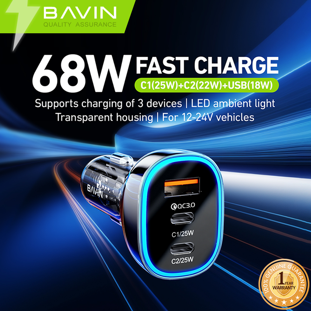 BAVIN PC978 68W PD Fast Charging USB-C Car Charger w/ 2x Type-C Port 25W / 1x USB Port 18W QC 3. ...