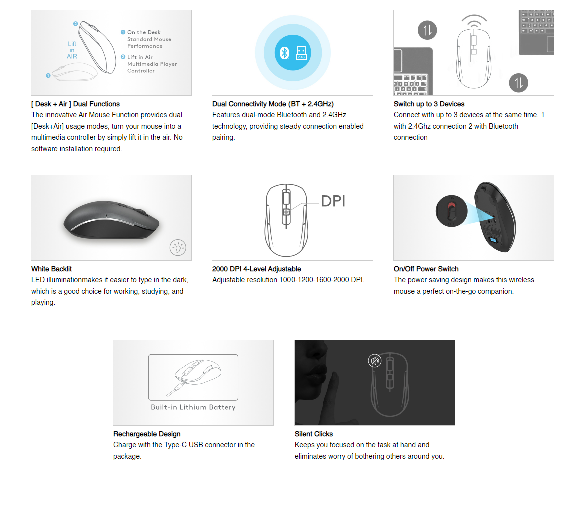 A4Tech FB26CS Air 2000 DPI Silent Click Dual Connection Bluetooth 2.4G ...