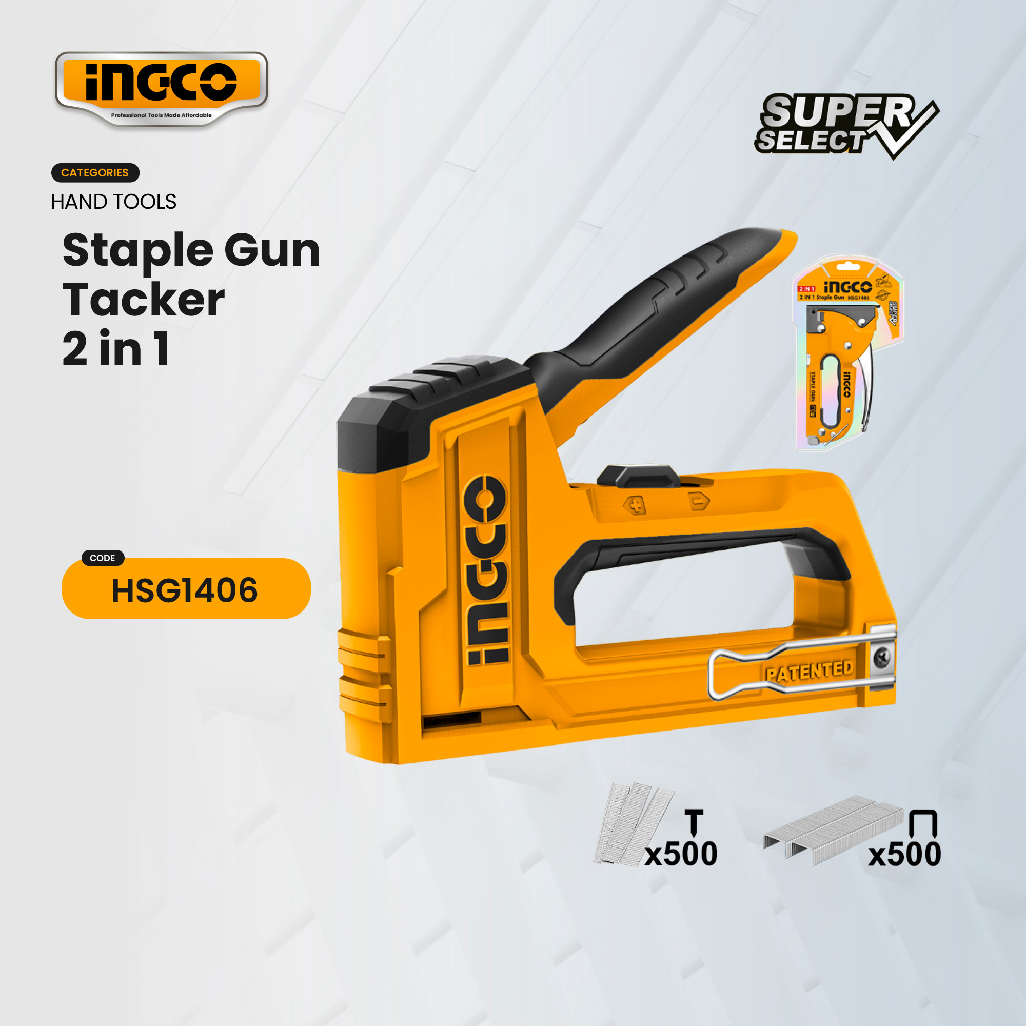 INGCO 2 in 1 Super Select Staple Gun Tacker Tucker with Staple and Brad ...