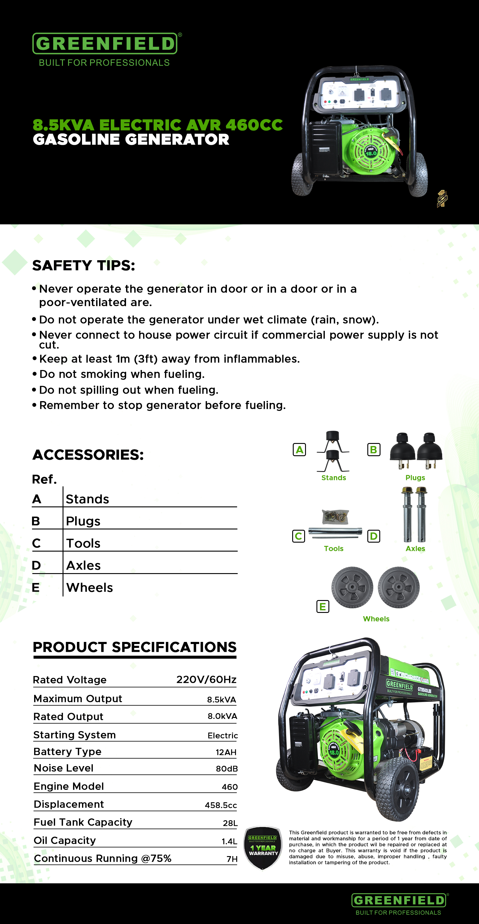 Greenfield Gasoline Generator 8.5KVA Electric AVR 460CC | Shopee ...