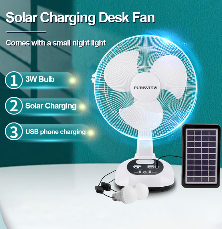 JT Chargeable Solar Electric Fan with Panel and 2 Bulbs Rechargable Fan ...