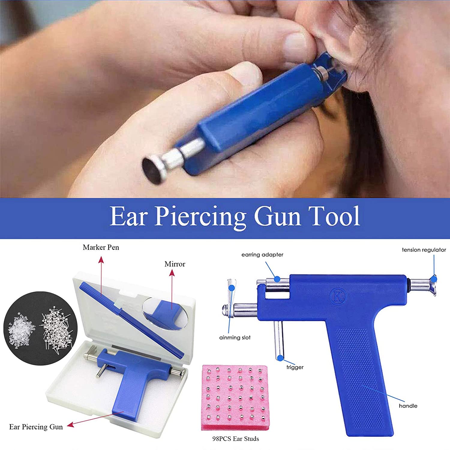 Ear Piercing Tool Set 98pcs Ears Nose Navel Lip Piercer Machine Studs ...