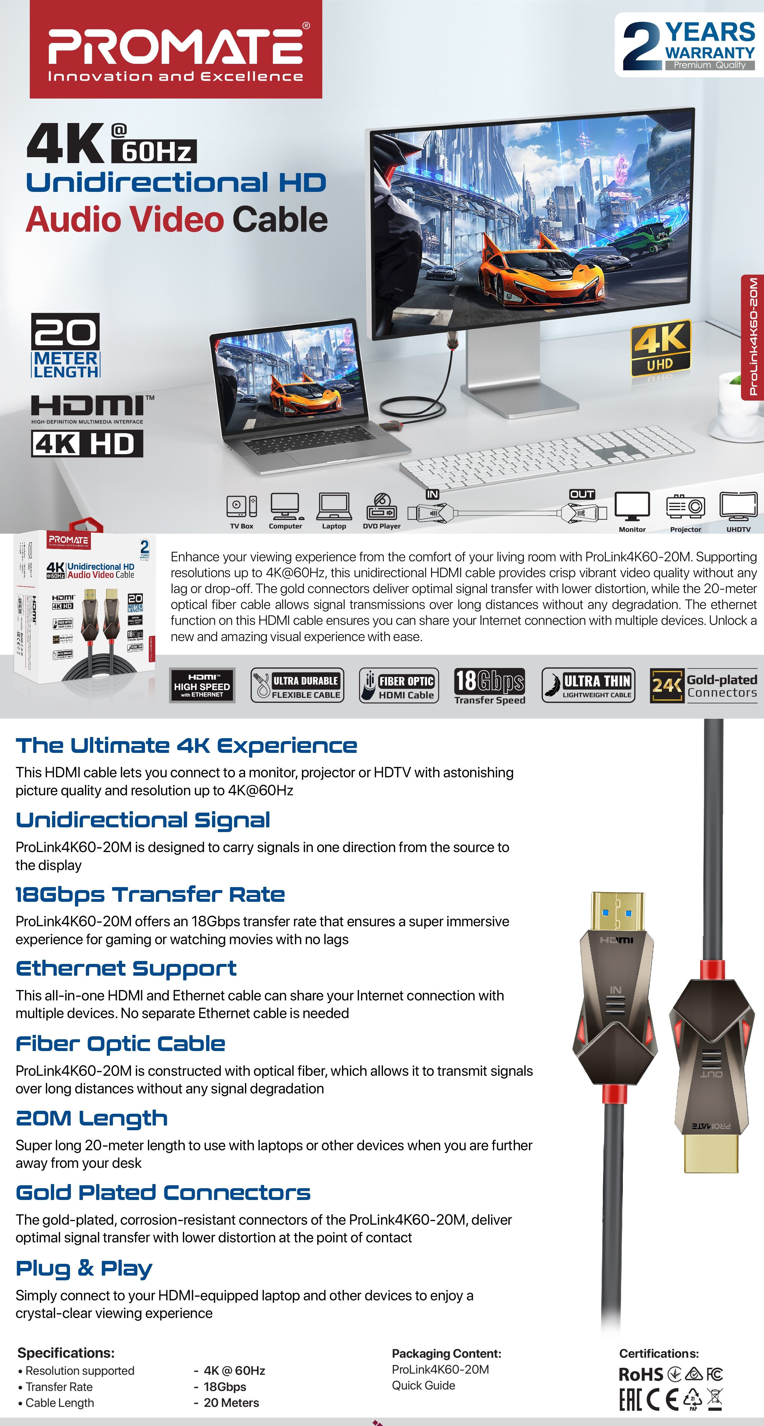 Promate Prolink4k60-20M 20M 4K-60Hz Unidirectional HD Audio Video Cable ...