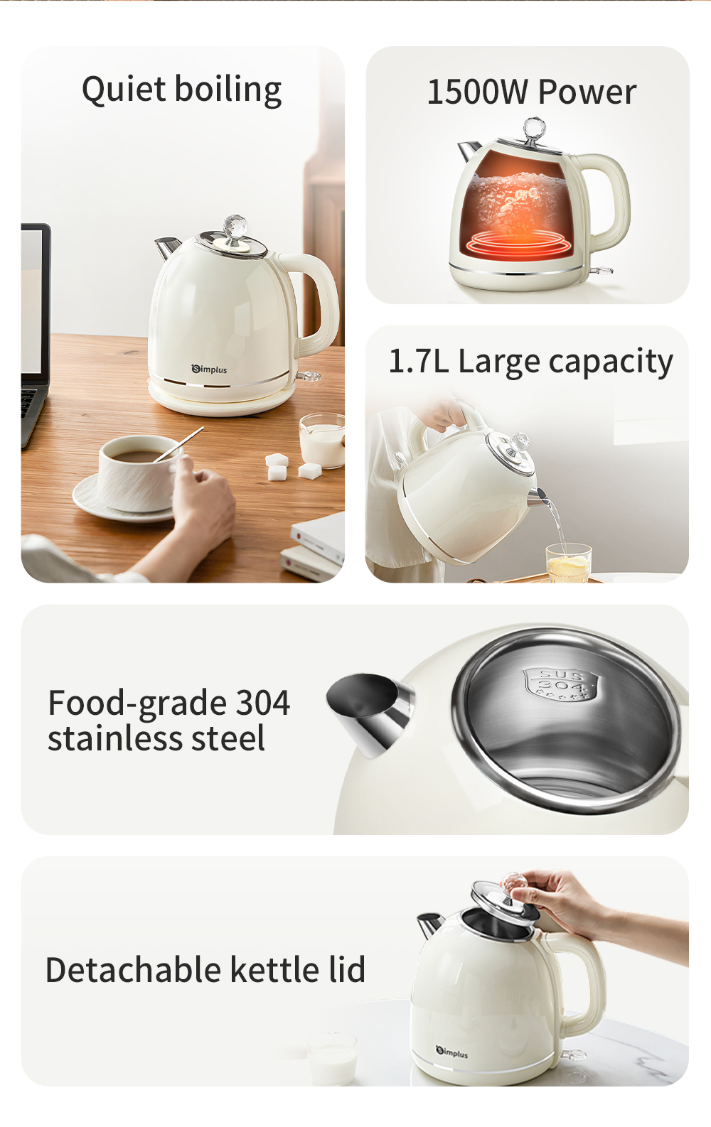 Simplus Electric Water Kettle 1.7L Capacity Double-layer Heat ...