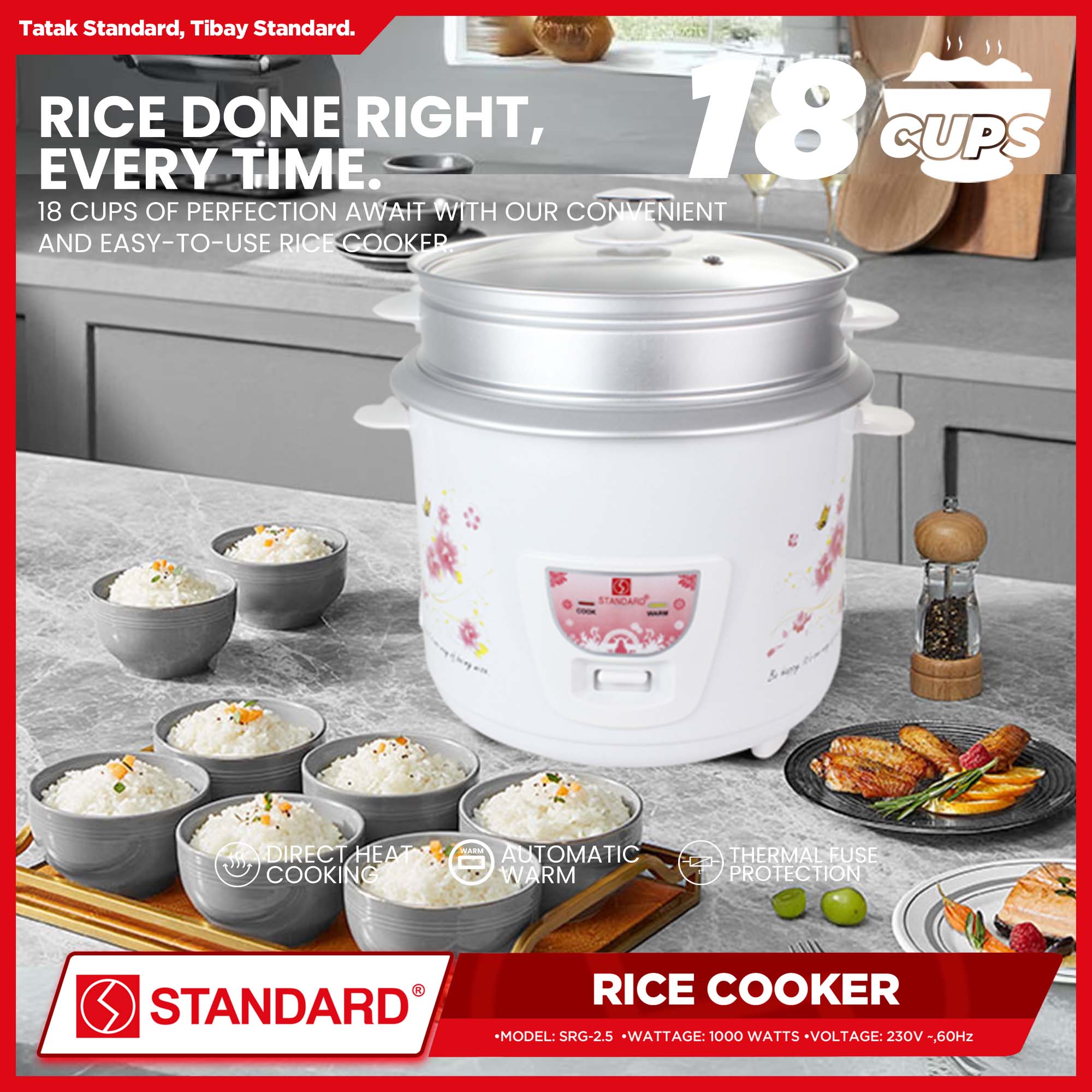 Standard Rice Cooker 2.5 Liters with Steamer 18 Cups of Rice with ...