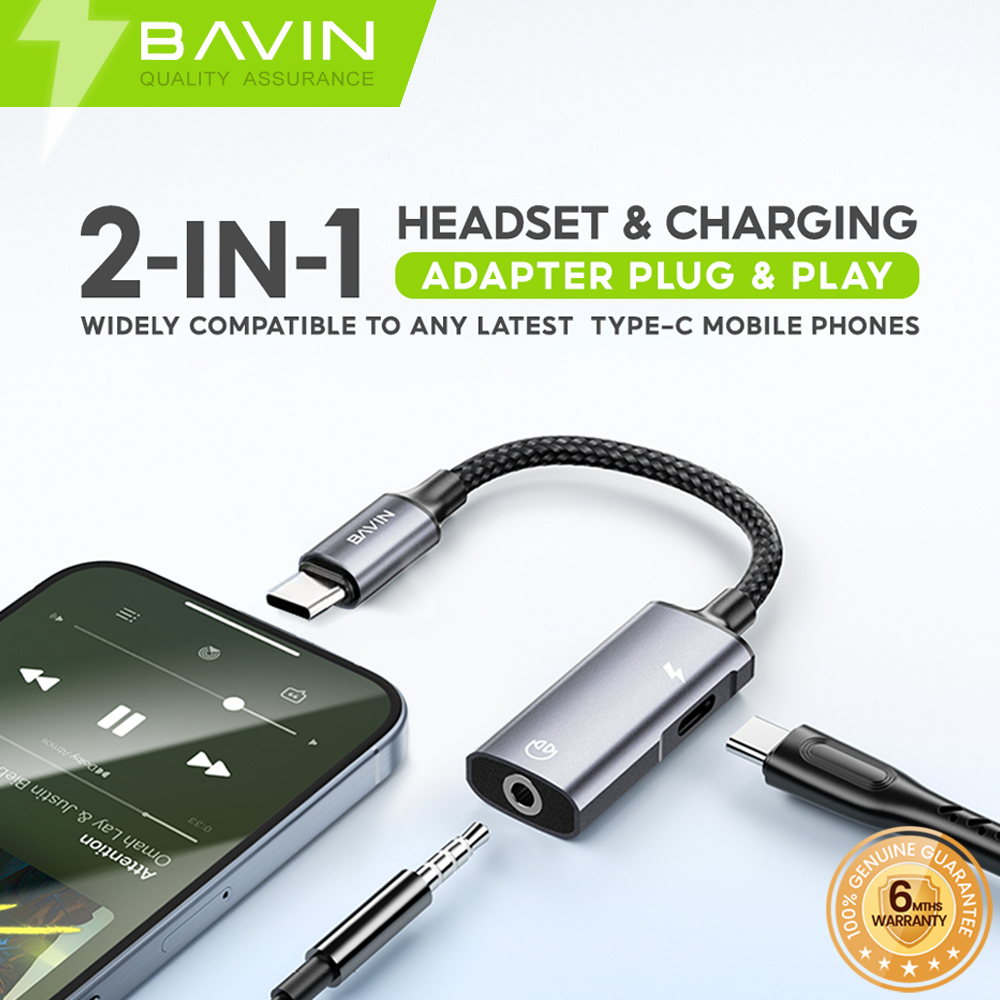 BAVIN AUX51 USB-C Adapter Splitter TYPE-C+3.5mm Jack Audio & Charger ...