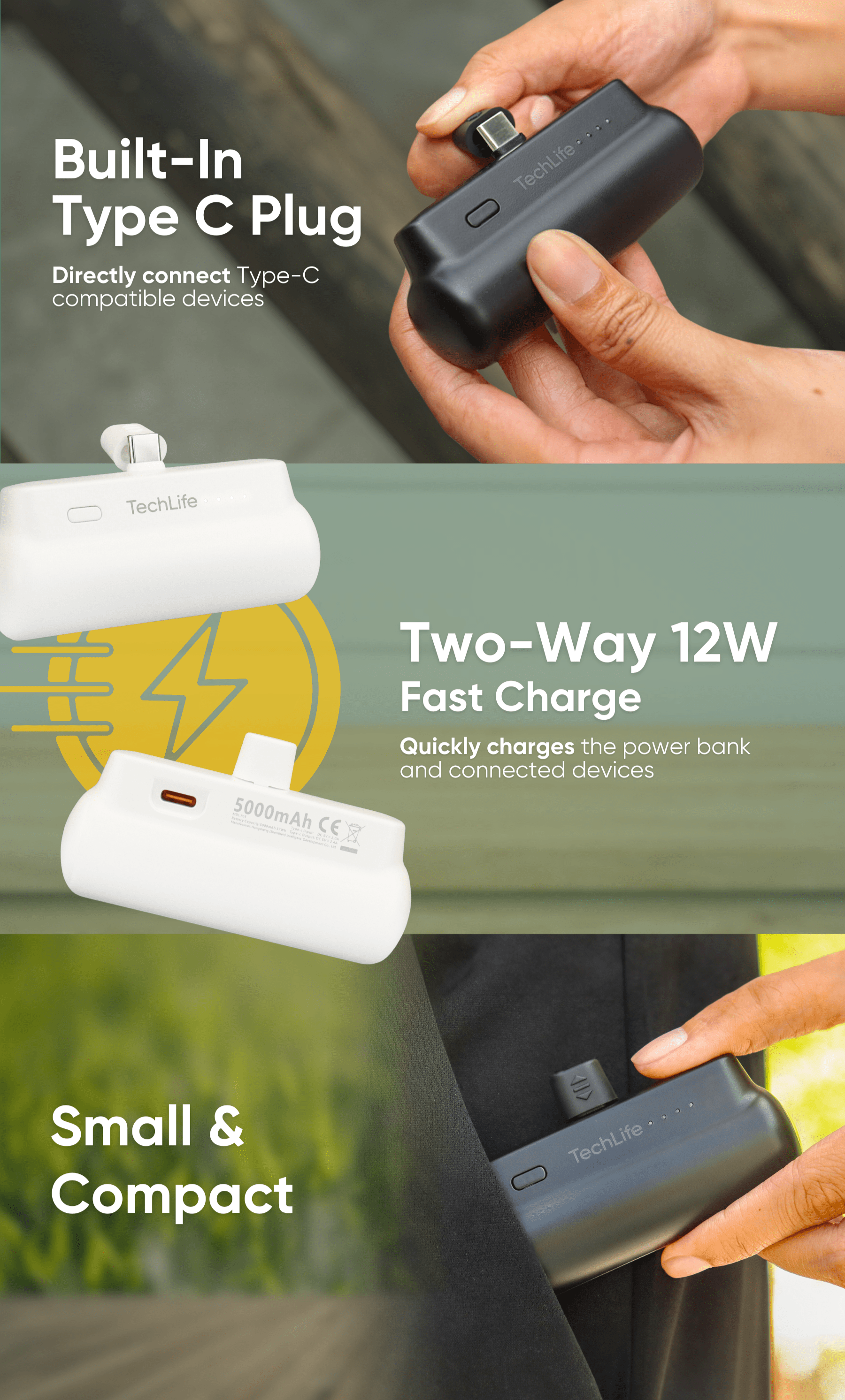 TechLife Power Bank 5000mAh | Built-In Type-C Plug | Two-Way 12W Fast ...
