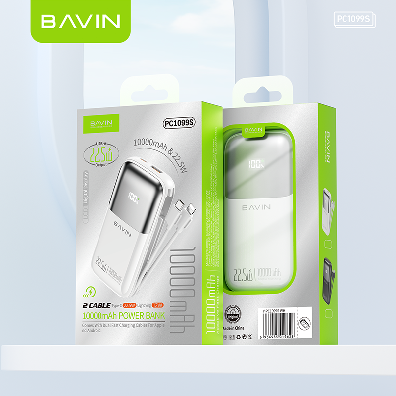 BAVIN PC1099 10000mAh 22.5W USB Fast Charging Mini Portable Powerbank w/ Built-In Cable/LED ...