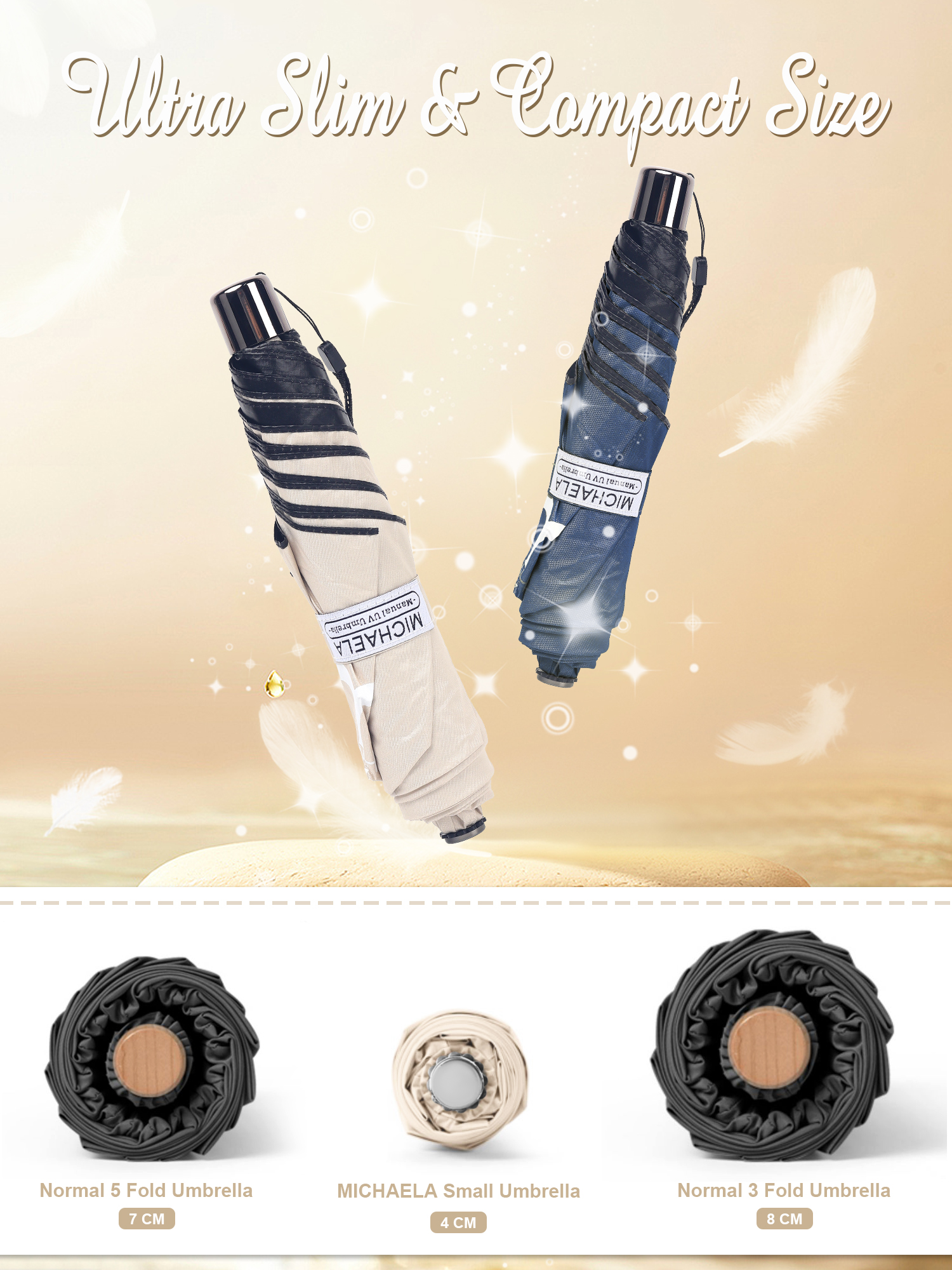 MICHAELA Small Umbrella Manual 9'' Foldable Lightweight Slim Waterproof ...