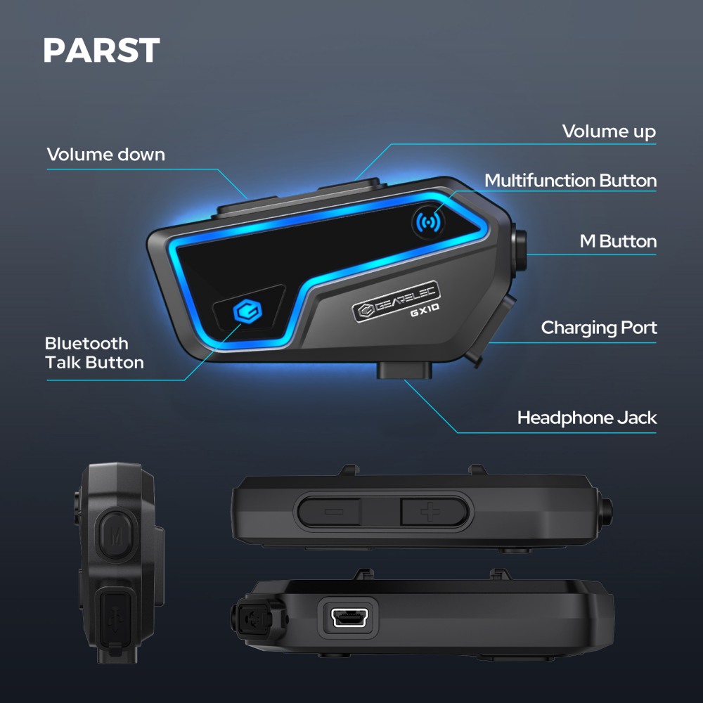 GEARELEC GX10 Motorcycle Helmet Intercom Headset For 10-Riders 2000M ...
