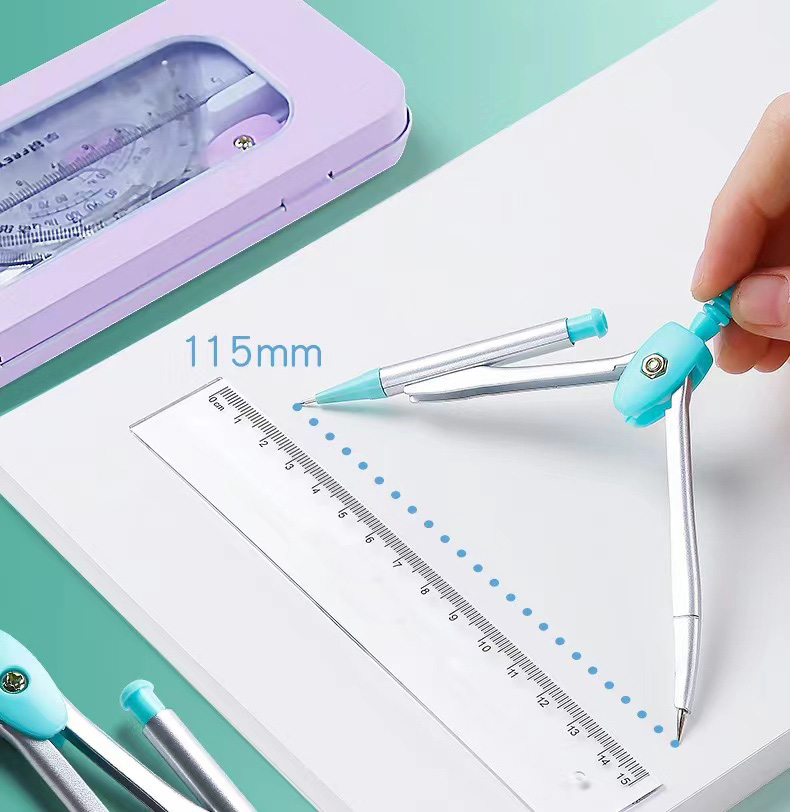 7PCs Compass Ruler Learning Stationery with Metal Box Triangle Ruler ...