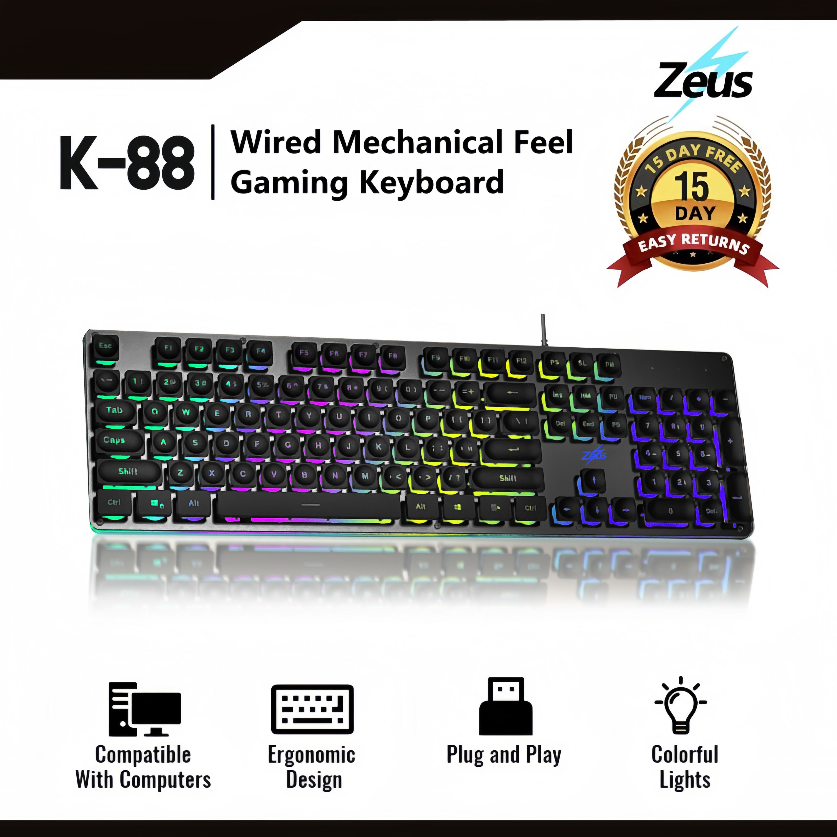 Zeus K-88 Icy Blue Back Light Wired Gaming Keyboard 104 Keys Silent ...