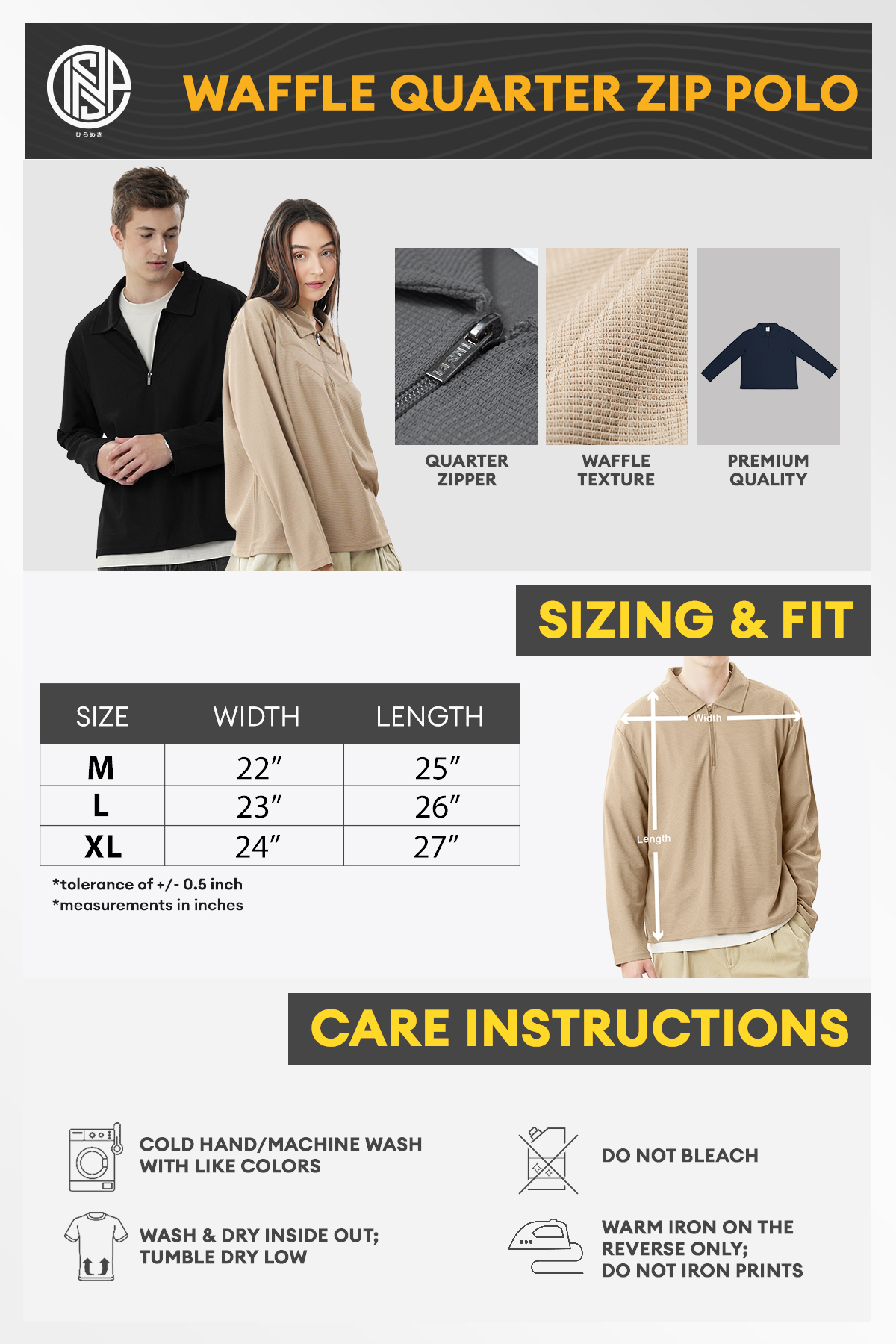 INSPI Waffle Zip Polo Long Sleeve For Men & Women Plain Sweatshirt Tops ...