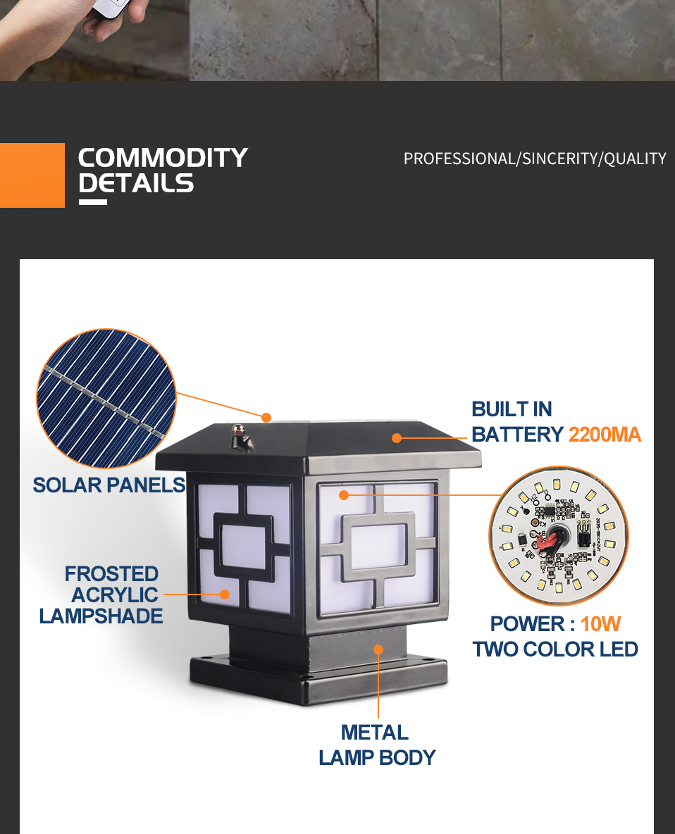 Solar Gate Pillar Light IP67 Solar post light LED 4 Tricolor Outdoor ...