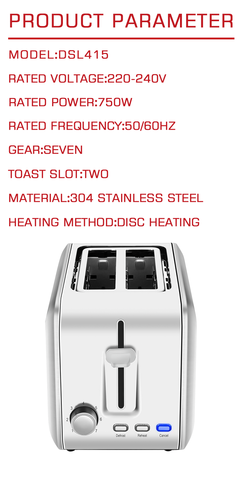 LAHOME 2-Slice Bread Bagel Toaster Automatic High-Lift Leve 7 Gear Warm ...