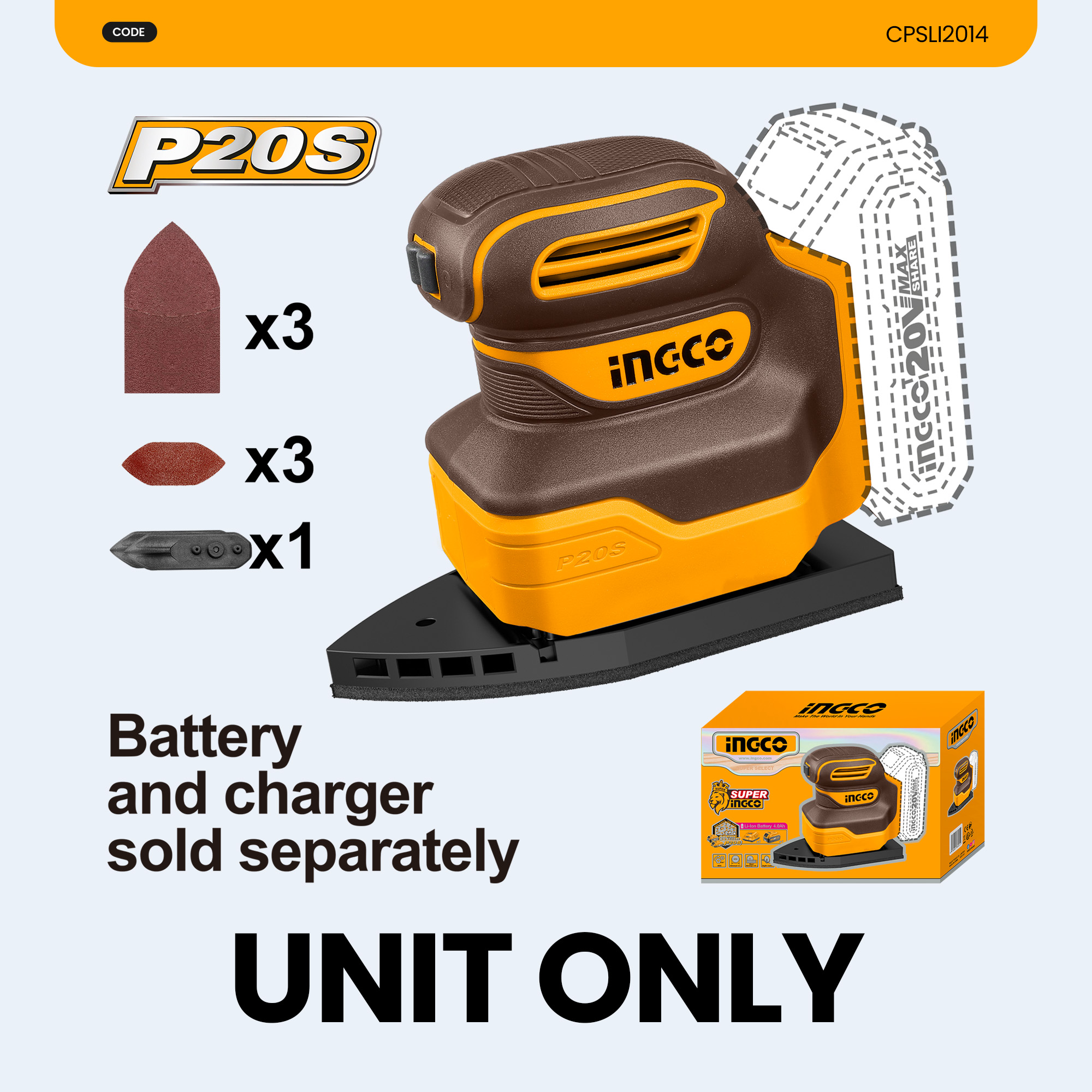 Ingco 20V Cordless Lithium-Ion Palm Sander Battery and Charger Sold ...