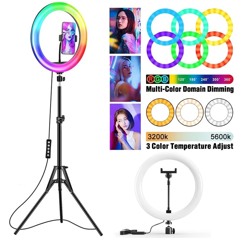 Popcorn RGB Ring light with mobile phone holder and 2.1M Stand Dimmable ...