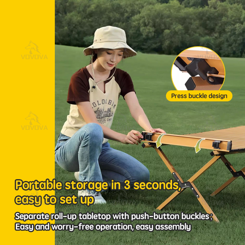 VOVOVA Camping Folding Table Outdoor Natural Wood Egg Roll Table ...