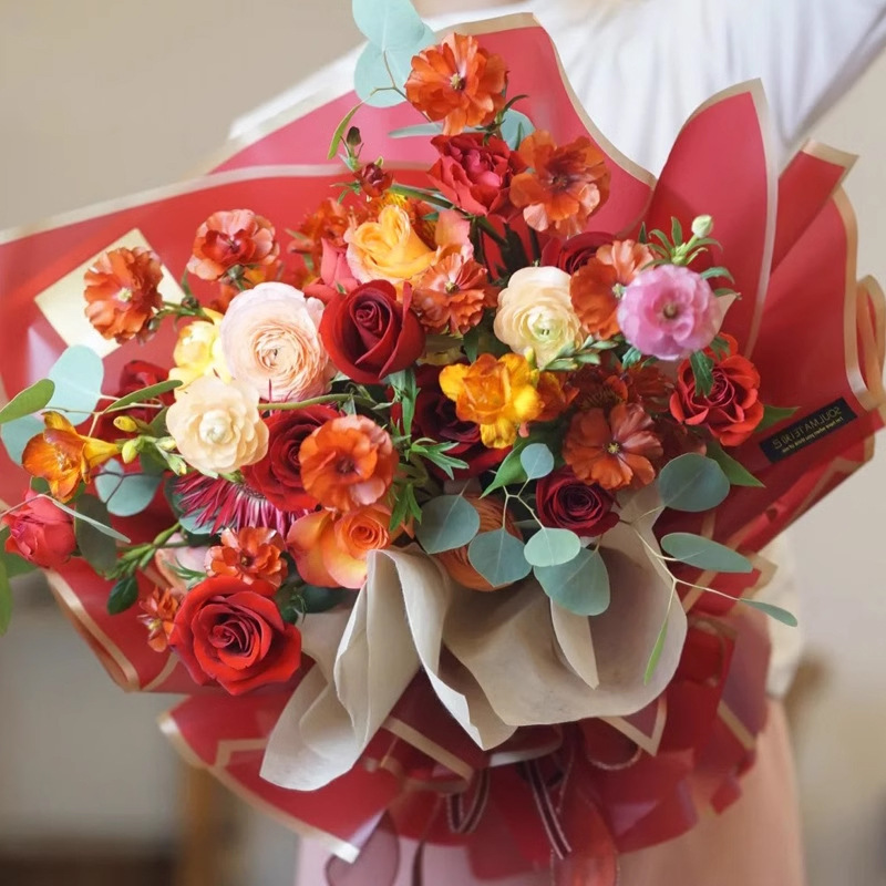 Flower Wrapping Paper Gold Border Jelly Color Packaging Paper Matte ...