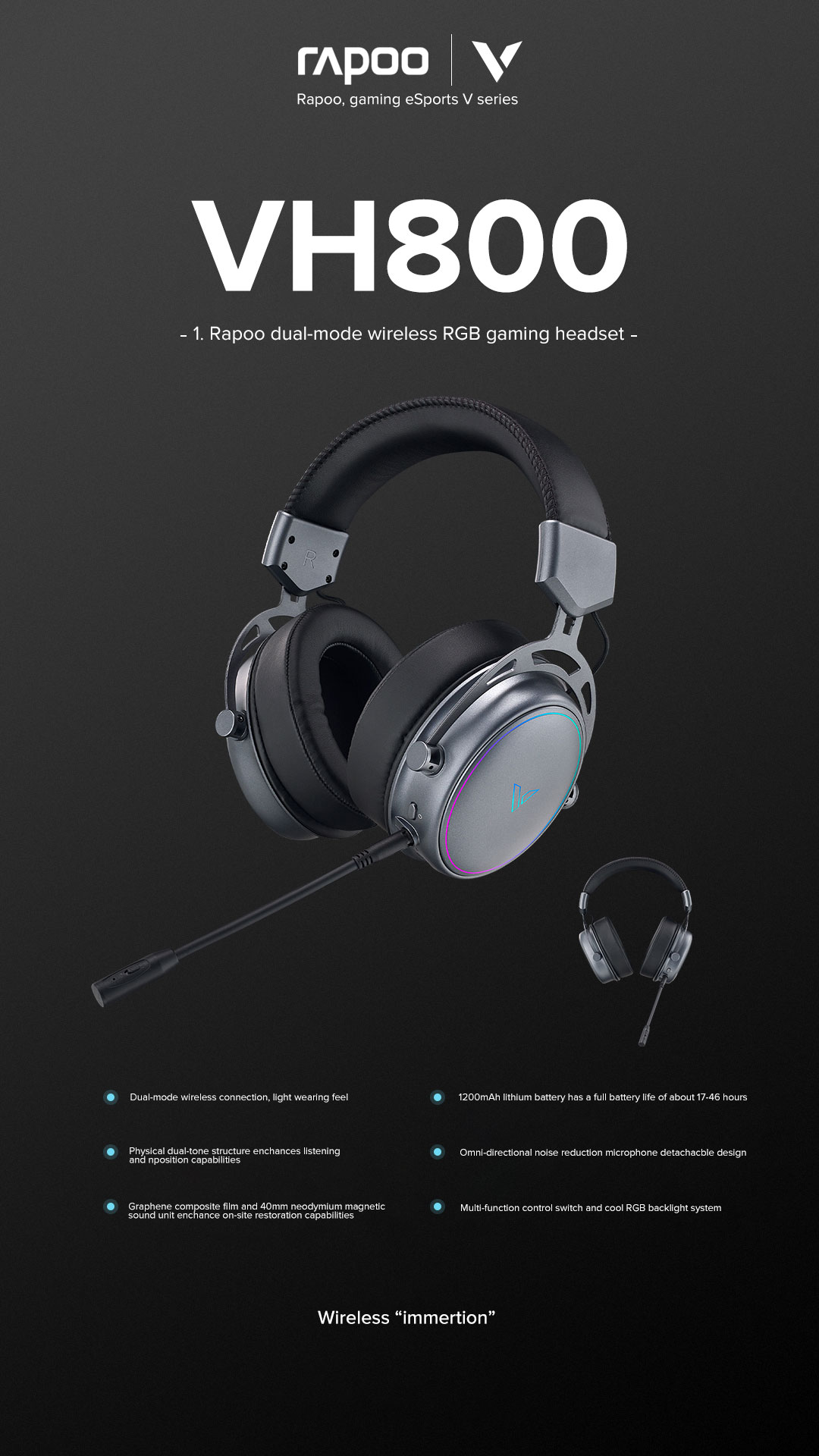 Rapoo VH800 Dual-Mode Wireless RGB Gaming Headset Noise Reduction Microphone With Detachable ...
