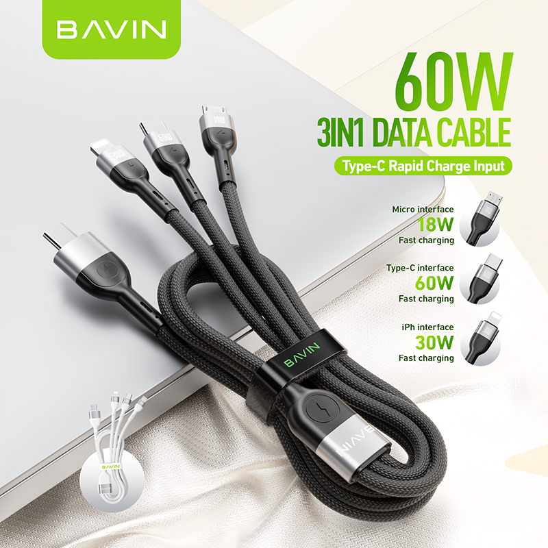 BAVIN CB236 60W 30W 18W 3 IN 1 Fast Charging Cable Nylon Braided Cable ...