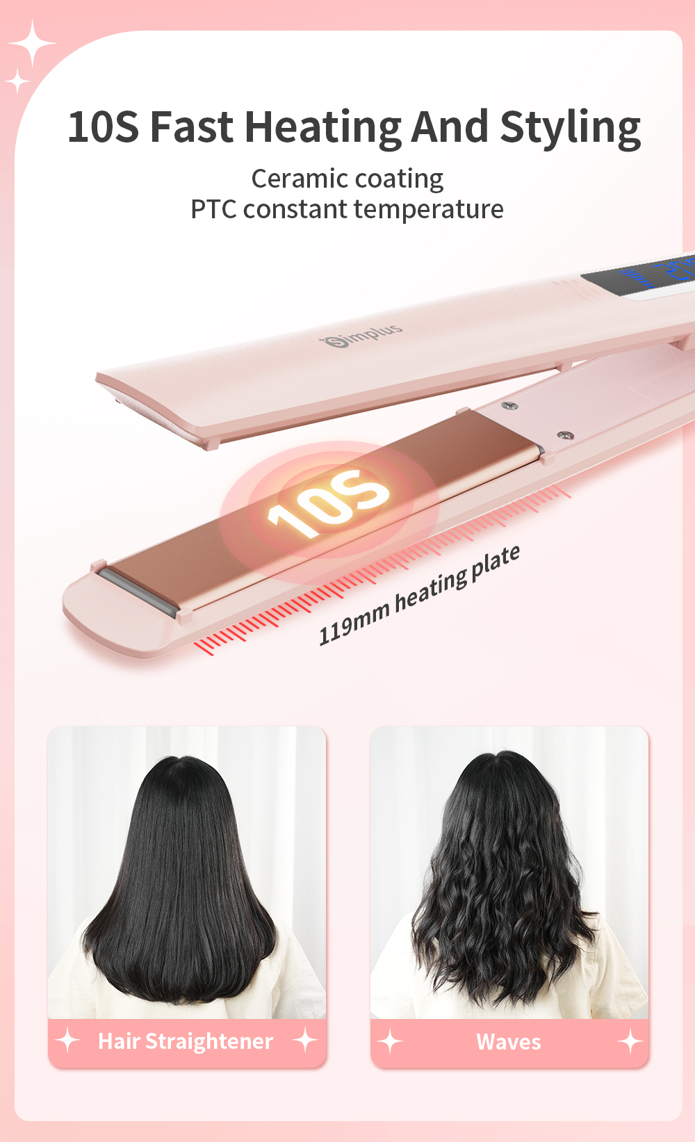 SimplusPink Hair Straightener and Curler LCD Smart Screen 9 Adjustable ...