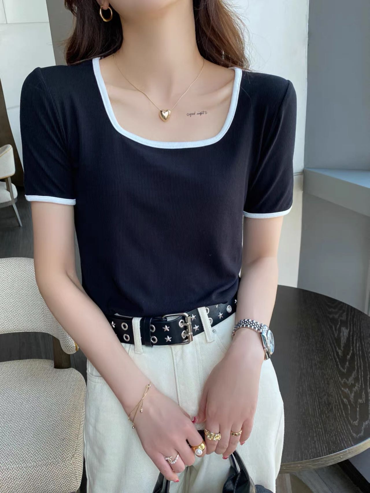 Angelcity Size:M-L Square Neck Contrast Binding Tee Full Length T Shirt ...