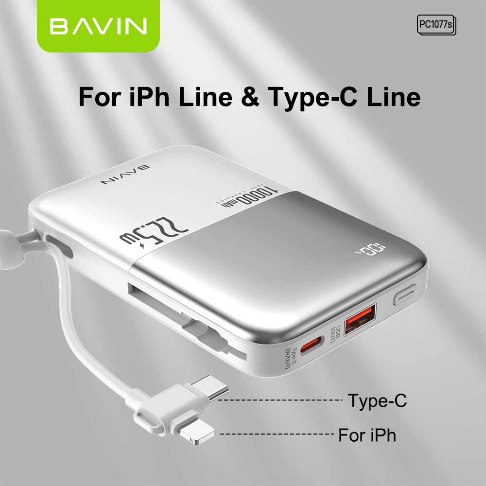 BAVIN PC1077 Mini Slim Fast Charging Powerbank 10000mAh 22.5W w/ Built-In LED Display & Cable ...