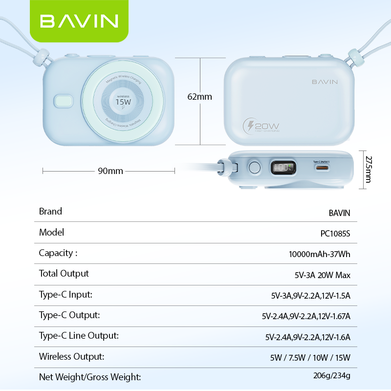 BAVIN PC1085 10000mAh 20W Mini Powerbank Fast Charging Wireless Built ...