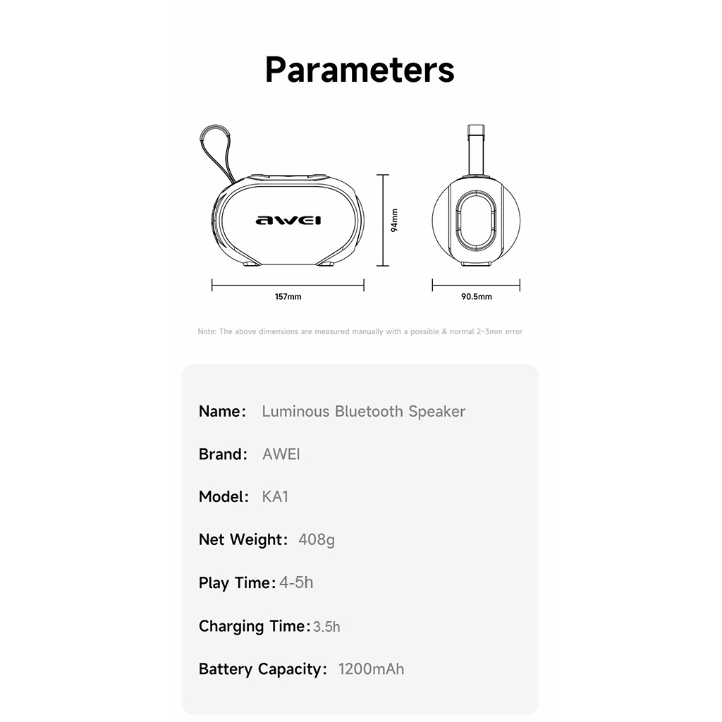 Awei KA1 TWS Bluetooth Portable Speaker Wireless Outdoor RGB Lights Supports FM Radio/AUX/TF/USB ...