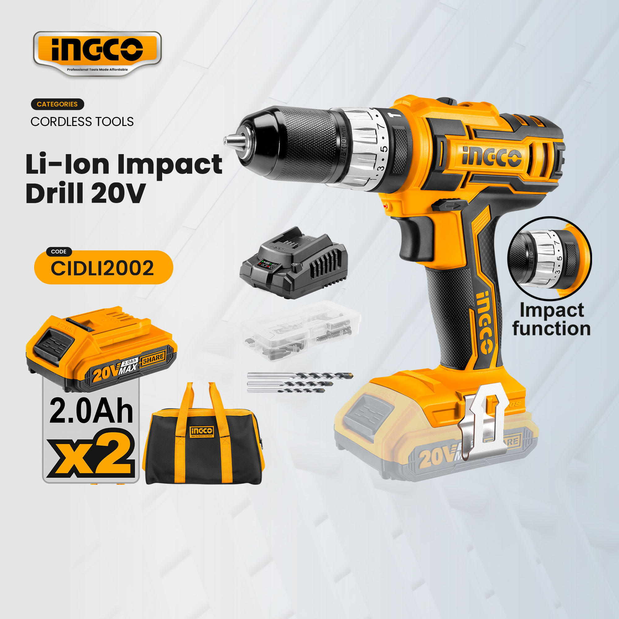 Ingco 20V Lithium-Ion Cordless Impact Drill P20S POWERSHARE CIDLI2002 ...