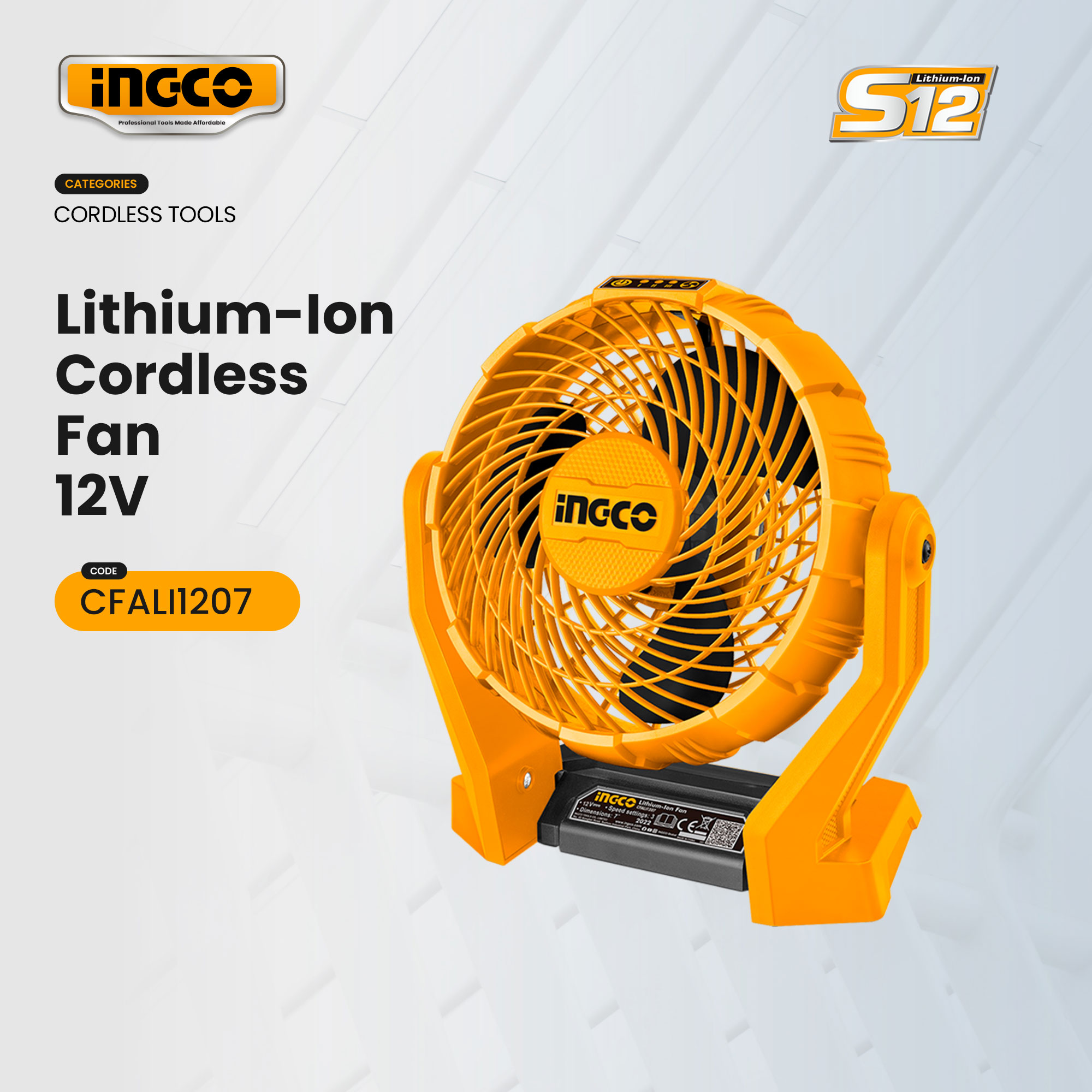Ingco Cordless Lithium-Ion Fan 12V With 3 Speed 7" Inches Head Rotation ...