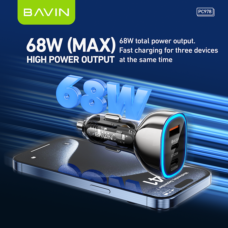 BAVIN PC978 68W PD Fast Charging USB-C Car Charger w/ 2x Type-C Port 25W / 1x USB Port 18W QC 3. ...