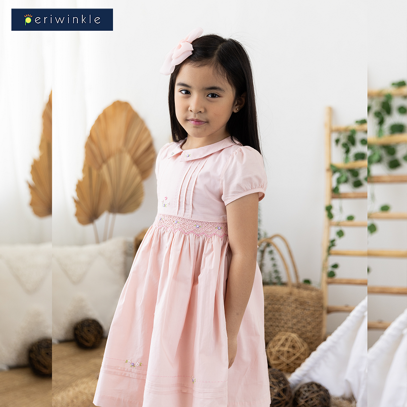 Periwinkle Girls Hazel Pink Dress with Smock and Embroidery details ...