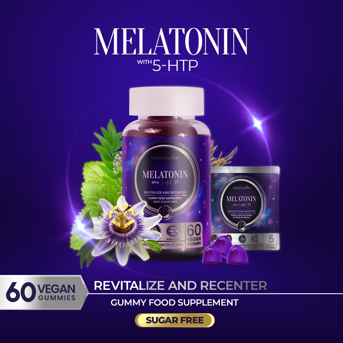 Health Fusion Melatonin 3mg + 5HTP for Stress & Anxiety + Natural Sleep Aid | Sugar-free 5s ...