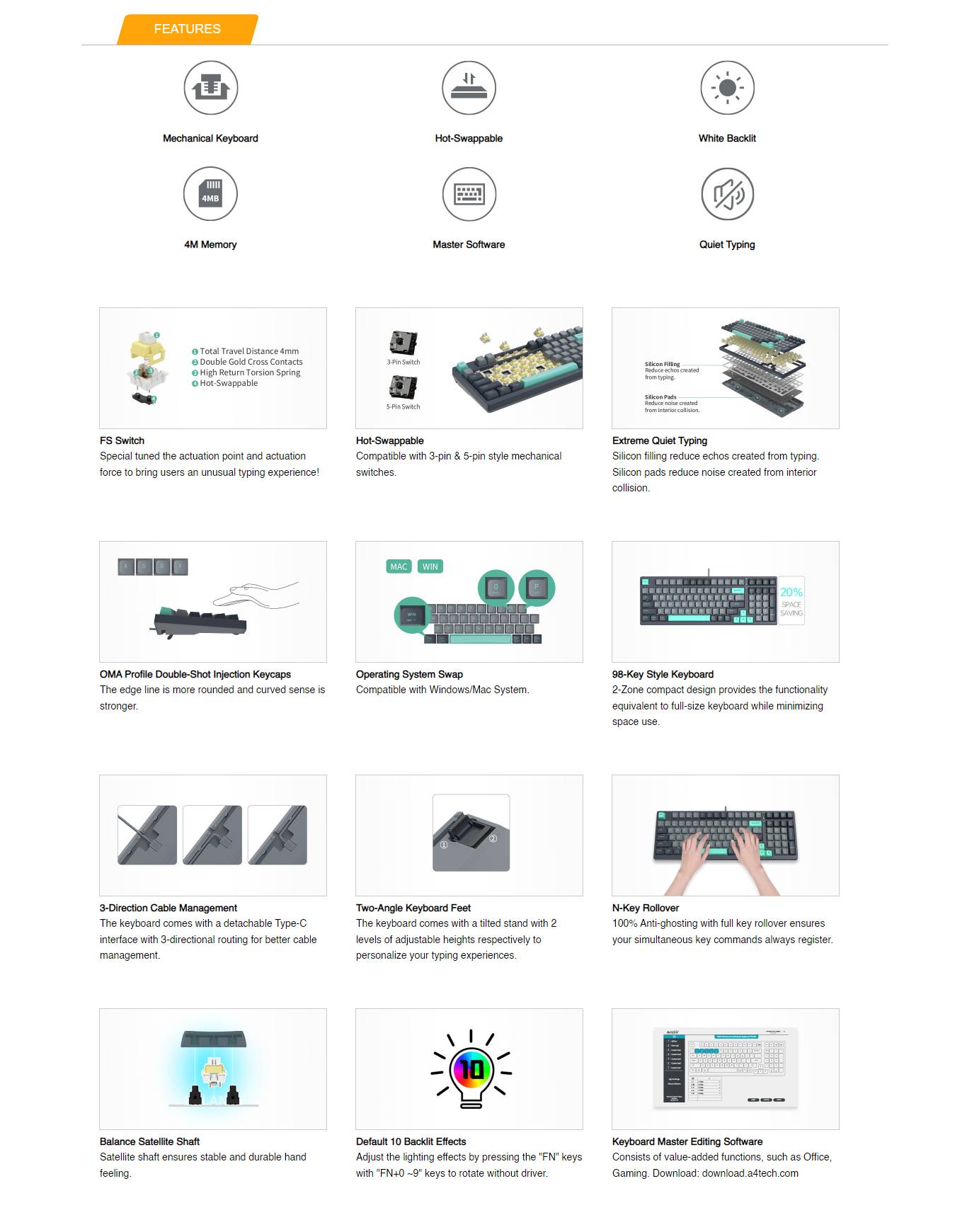 A4Tech FS300 Hot-Swappable FS Switches USB Wired Mechanical Keyboard ...